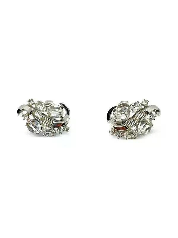 JENNIFER GIBSON JEWELLERY 1940's Vintage Crown Trifari Crystal Swirl Earrings - Silver