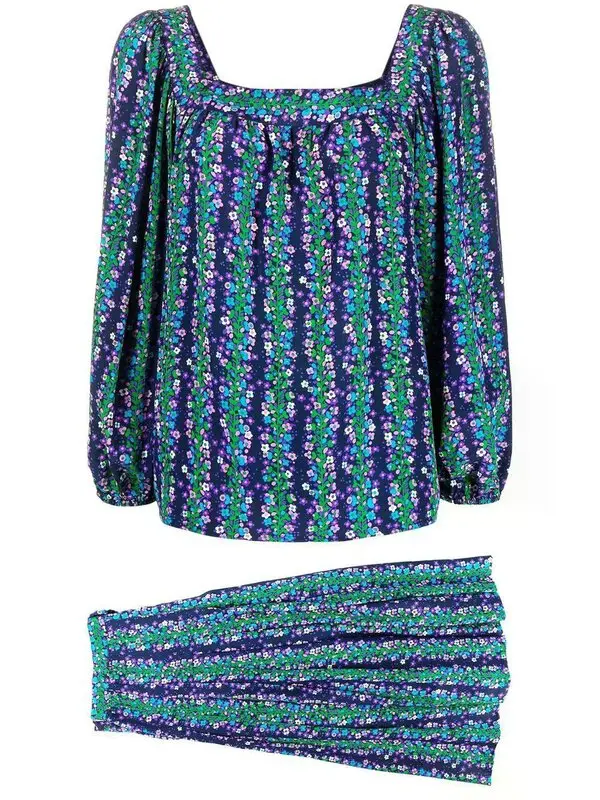 Saint Laurent 1970s Floral-print Silk Blouse And Skirt Set - Blue