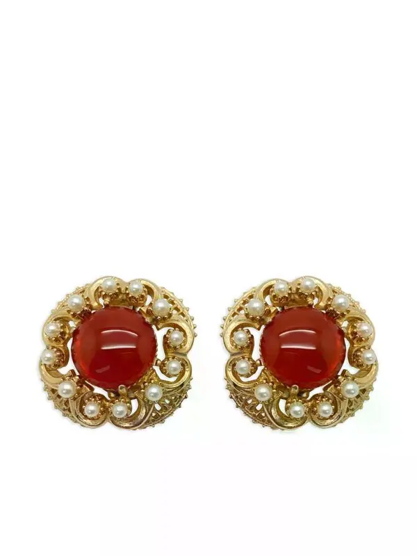 JENNIFER GIBSON JEWELLERY 1960s Florenza Carnelian And Pearl Clip-on Earrings - Gold
