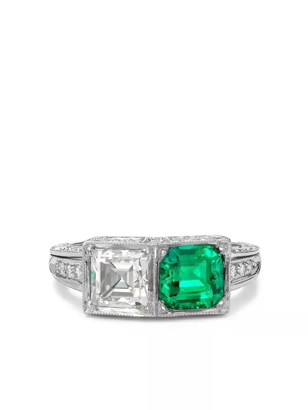 PRAGNELL Platinum Art Deco Diamond And Emerald Ring - Silver