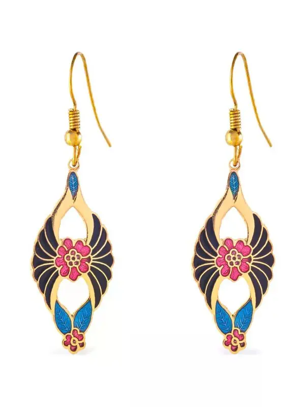 SUSAN CAPLAN 1980s Cloisonné Floral Drop Earrings - Gold