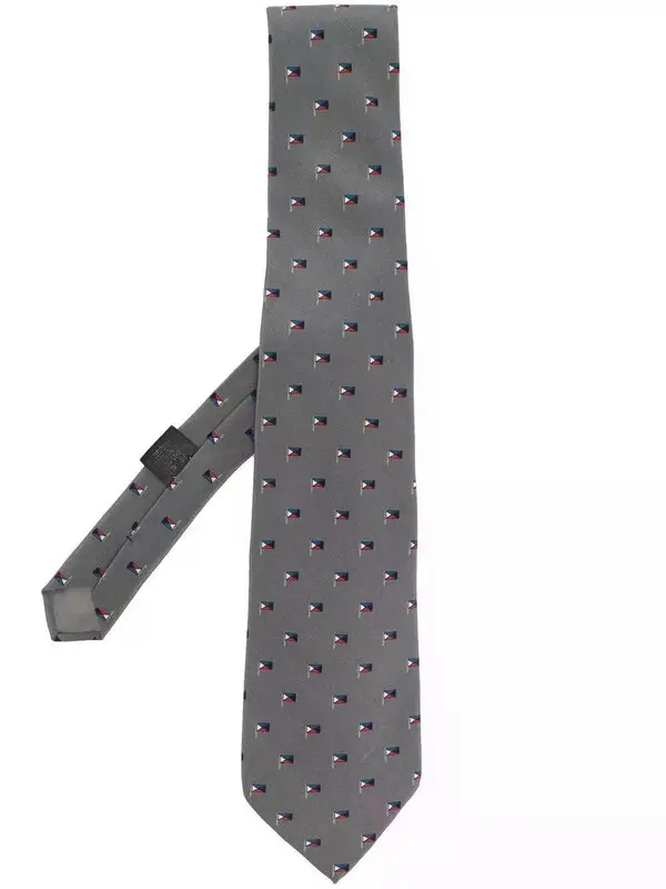 Versace 1970s Flag Print Silk Necktie - Grey