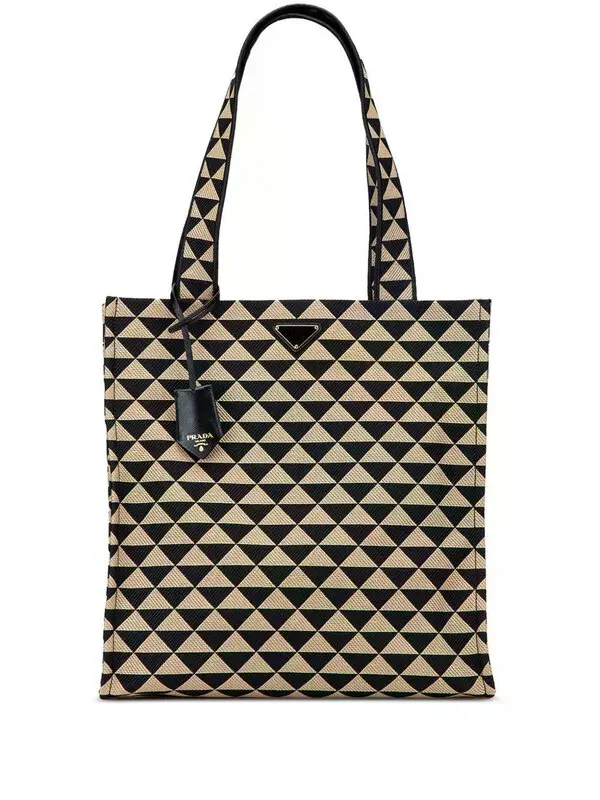 Prada Embroidered Canvas Triangolo Symbole Shopping Tote Bag - Brown