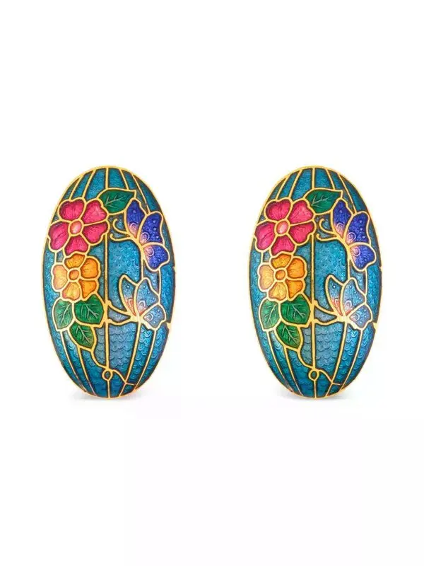 SUSAN CAPLAN 1980s Floral Cloisonné Clip-on Earrings - Gold