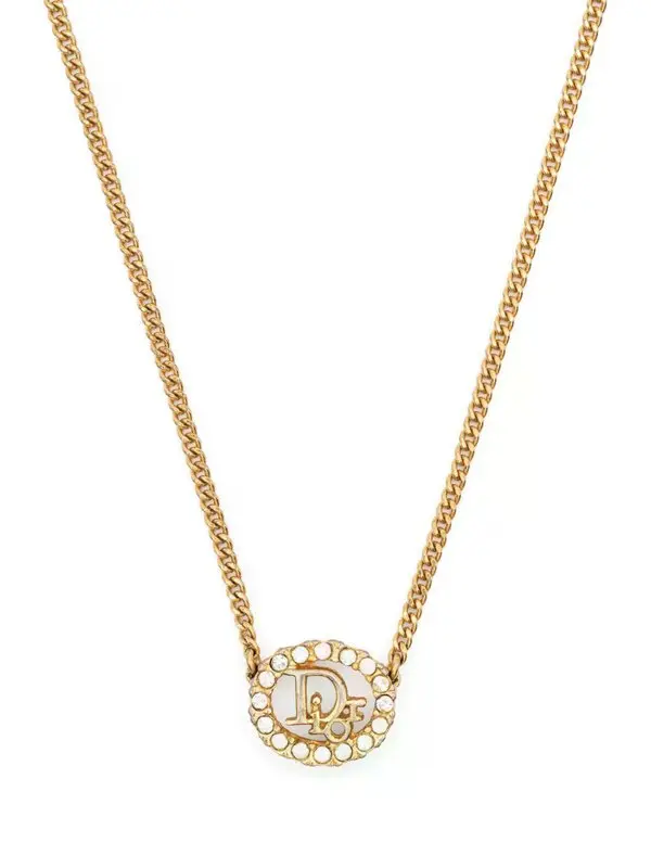 Dior 1980s Rhinestone-embellished Logo Pendant Necklace - Gold