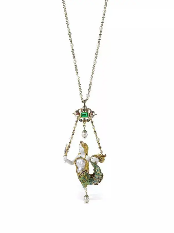 PRAGNELL 18kt Yellow Victorian Emerald Mermaid Pendant Necklace - Gold