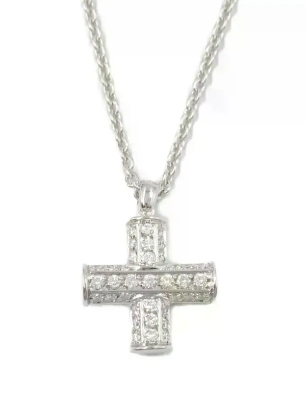 BVLGARI 2010s 18k White Gold Diamond Greek Cross Necklace - Silver