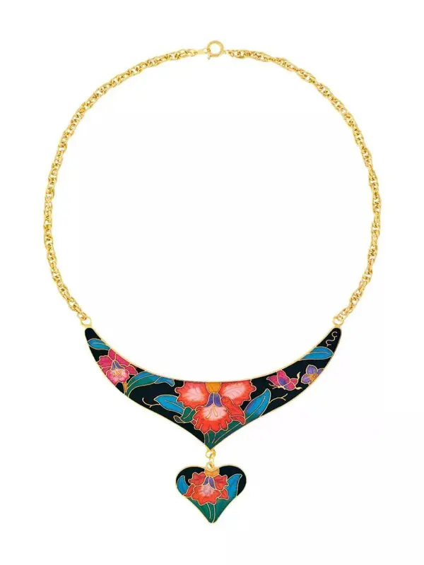 SUSAN CAPLAN 1980s Cloisonné Floral Necklace - Gold