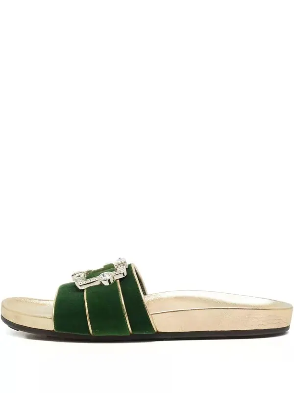 Prada Crystal-buckle Velvet Flat Sandals - Green