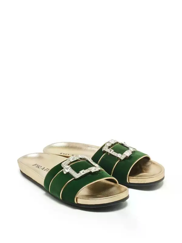 Prada Crystal-buckle Velvet Flat Sandals