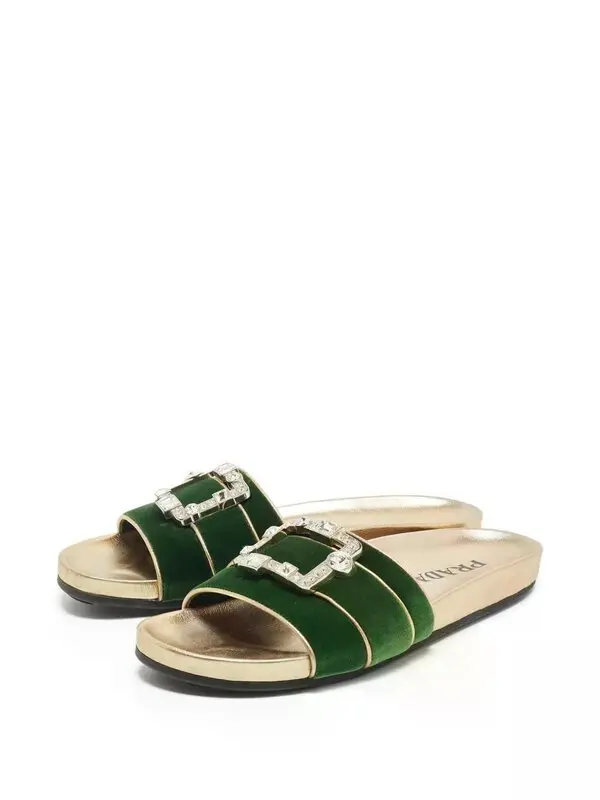 Prada Crystal-buckle Velvet Flat Sandals