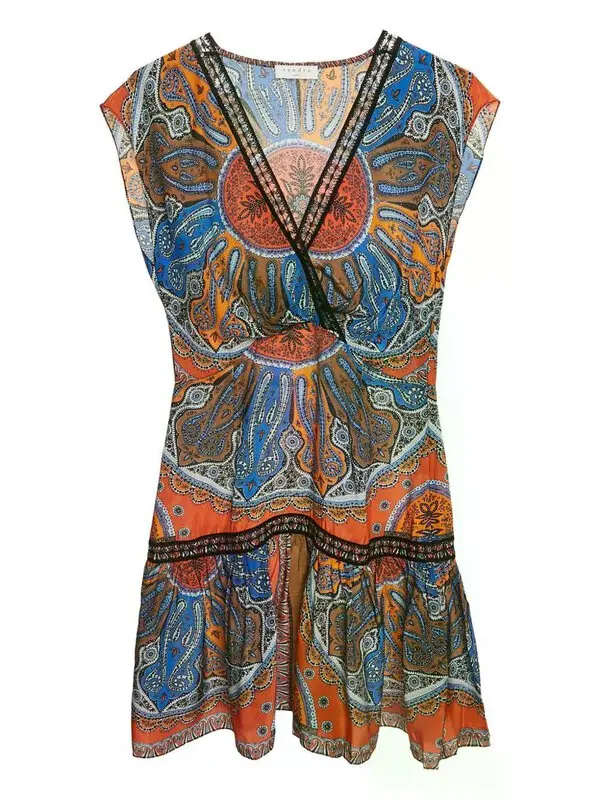 Sandro Paisley-print V-neck Mini Dress With Lace Trim