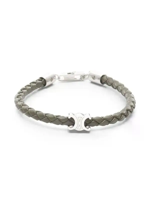 Celine 2020s Triomphe Braided Leather Bracelet - Dark Green, Silver