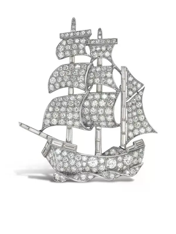 PRAGNELL Platinum Diamond Ship Brooch - Silver