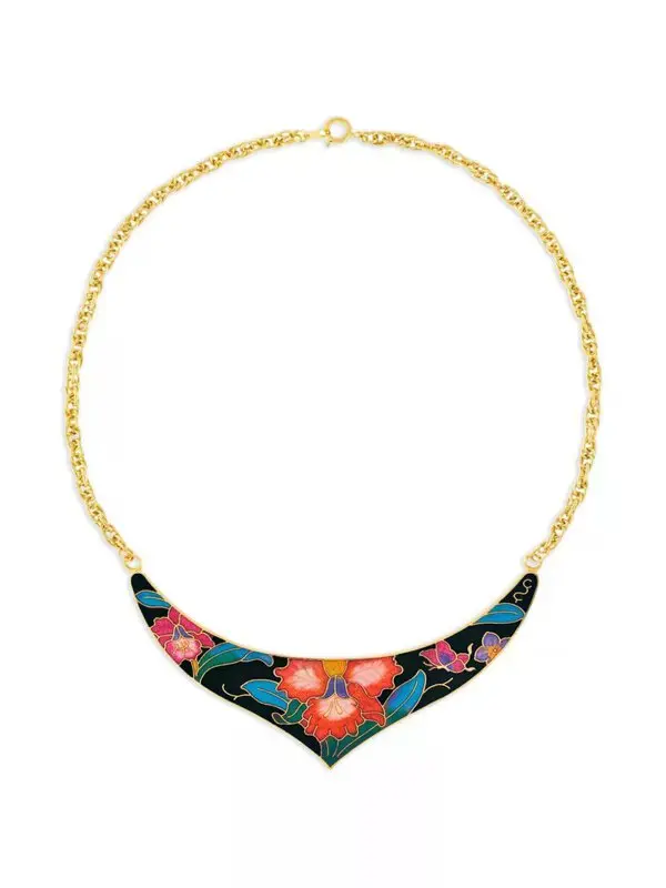 SUSAN CAPLAN 1980s Cloisonné Floral Necklace - Gold