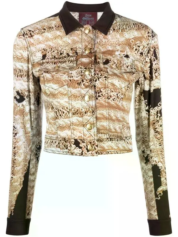 John Galliano 1990s Woven Print Cropped Jacket - Neutrals