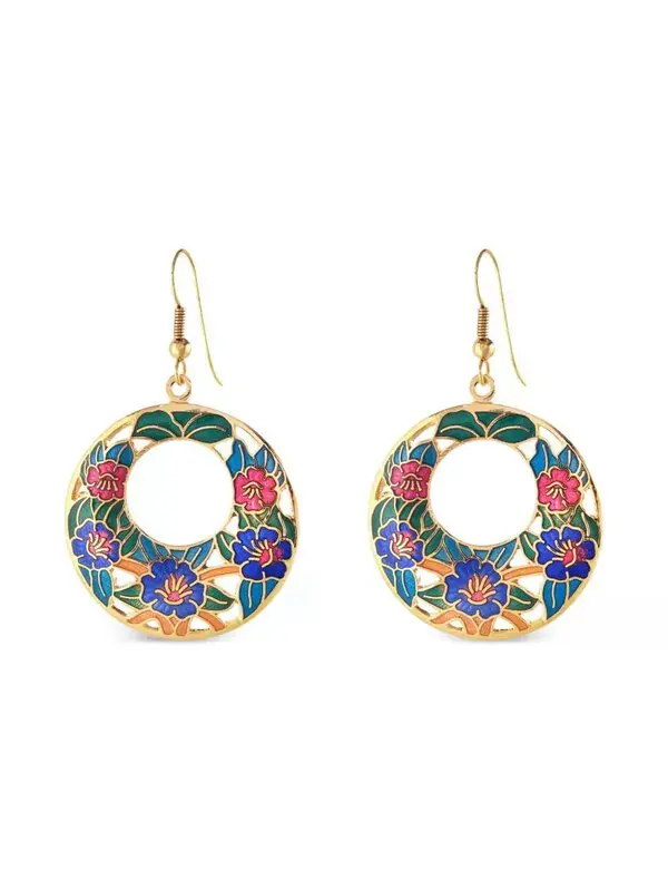 SUSAN CAPLAN 1980s Cloisonné Floral Hoop Earrings - Gold