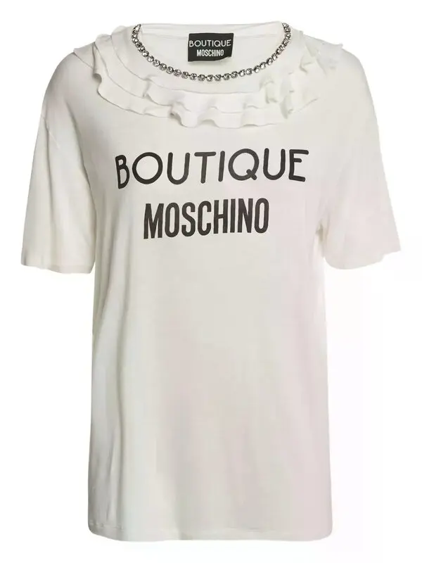 Moschino Ruffle-neck Logo-print T-shirt - White