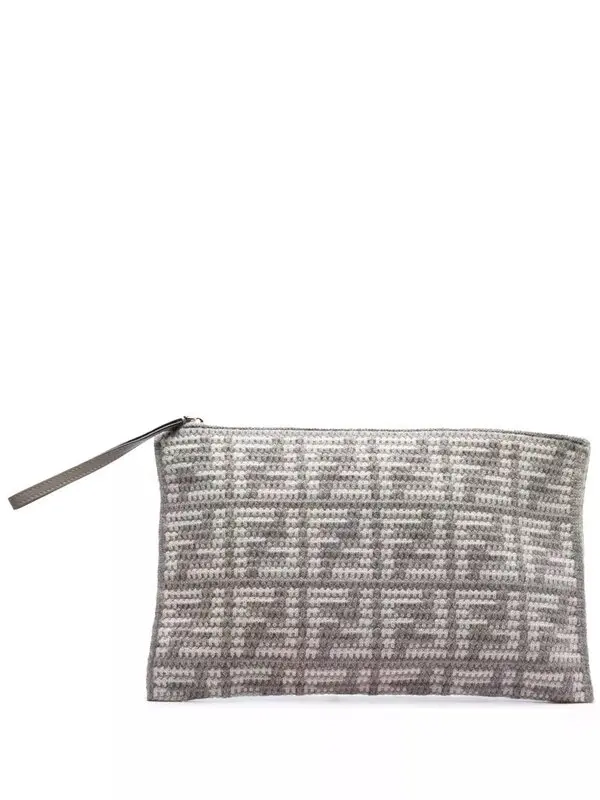 Fendi Large Woven Fabric And Calfskin Flat Pouch - Grey