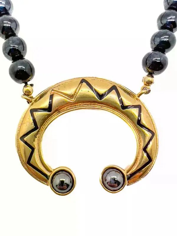 LANVIN 1980s Plated Brushed Finish Crescent Statement Pendant Necklace