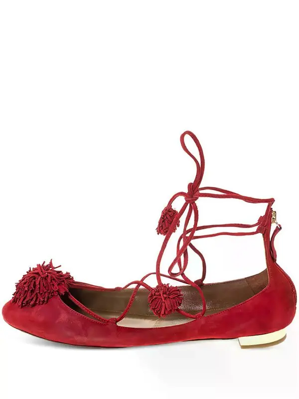 AQUAZZURA Sunshine Pompom Ankle-tie Ballet Flats - Red