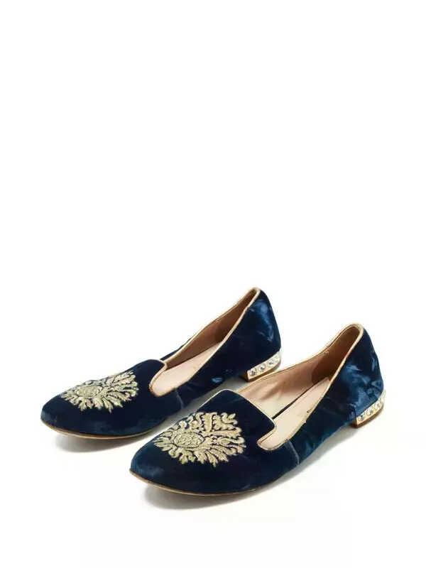Miu Miu Embroidered Velvet Loafers - Blue