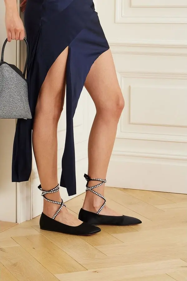 Amina Muaddi Crystal-embellished Satin Ballet Flats