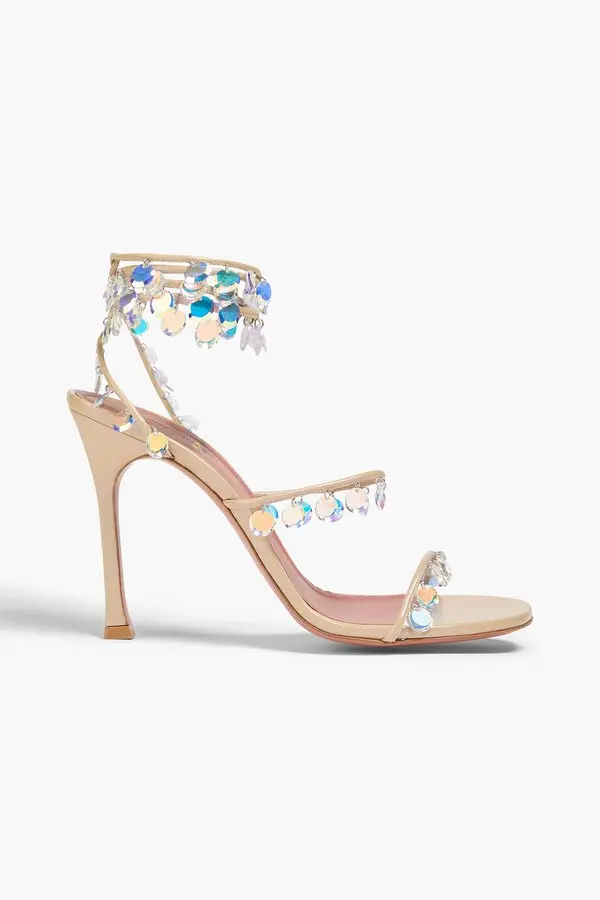 Amina Muaddi Tina Crystal-embellished Leather Sandals - Beige