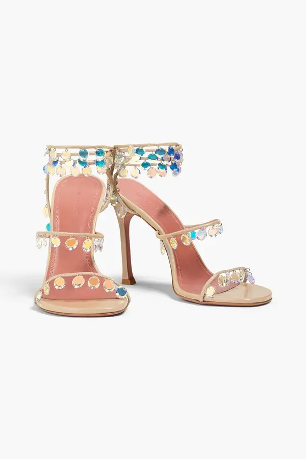 Amina Muaddi Tina Crystal-embellished Leather Sandals - Beige