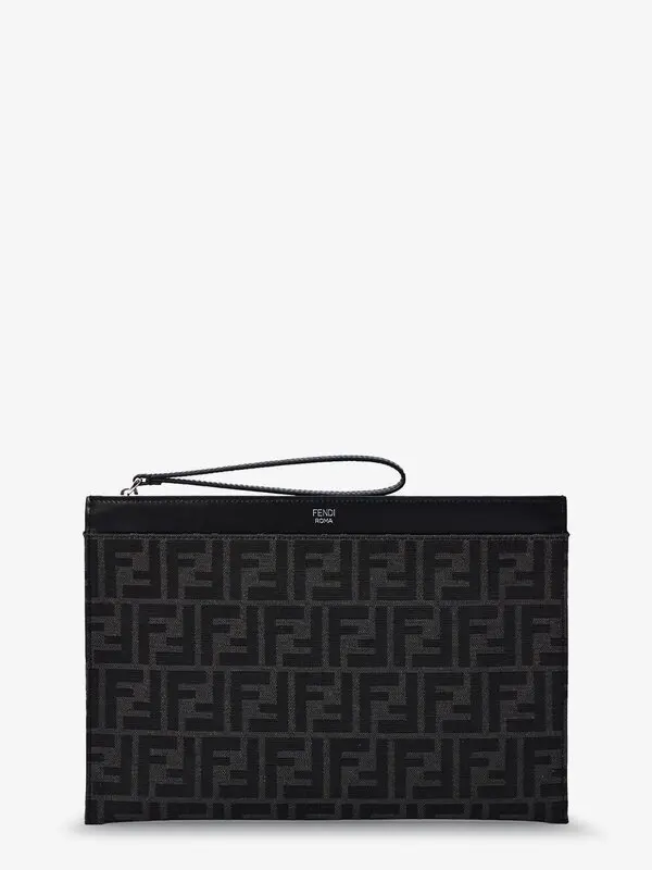 Fendi Ff Jacquard Fabric And Leather Flat Pouch - Black