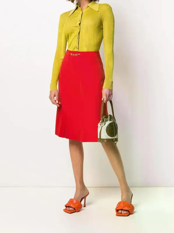 Celine Red Wool Double-hook Detail Straight Skirt