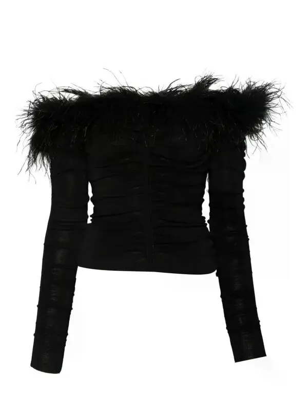 SELF-PORTRAIT Feather-trimmed Ruched Top