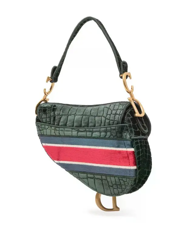 Dior 2021 Velvet Embroidered Crocodile Effect Saddle Bag - Green