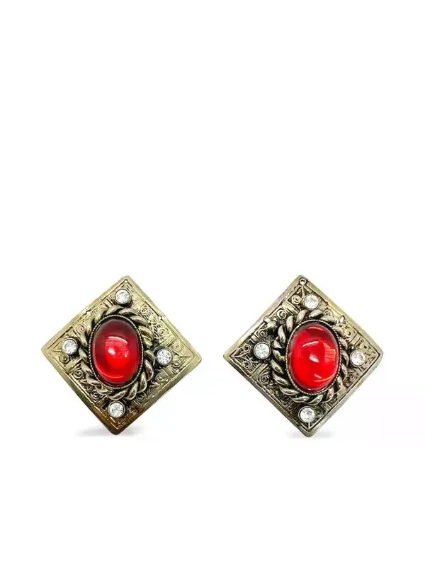 JENNIFER GIBSON JEWELLERY 1980s Ruby Plaque Earrings - Silver