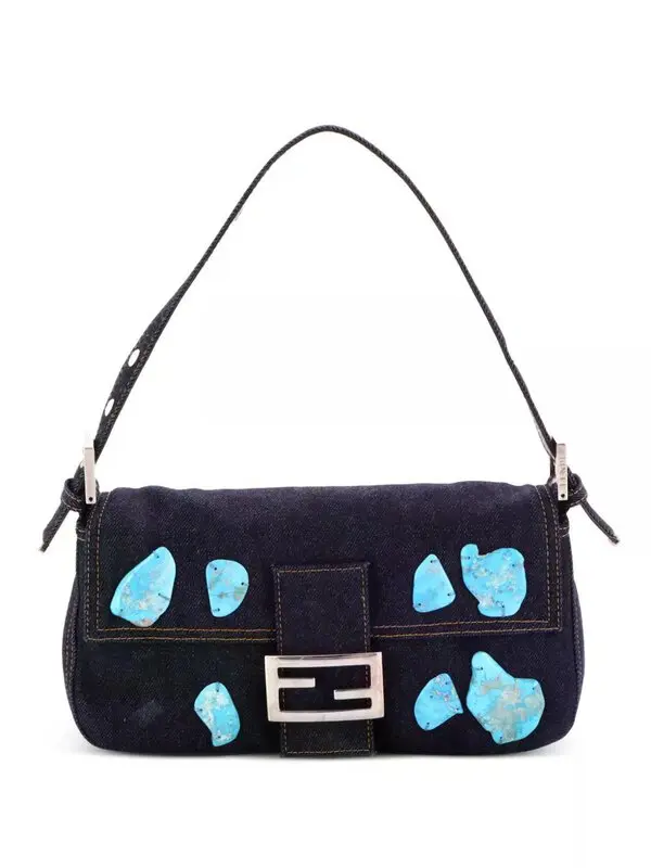 Fendi Denim Embellished Baguette Shoulder Bag