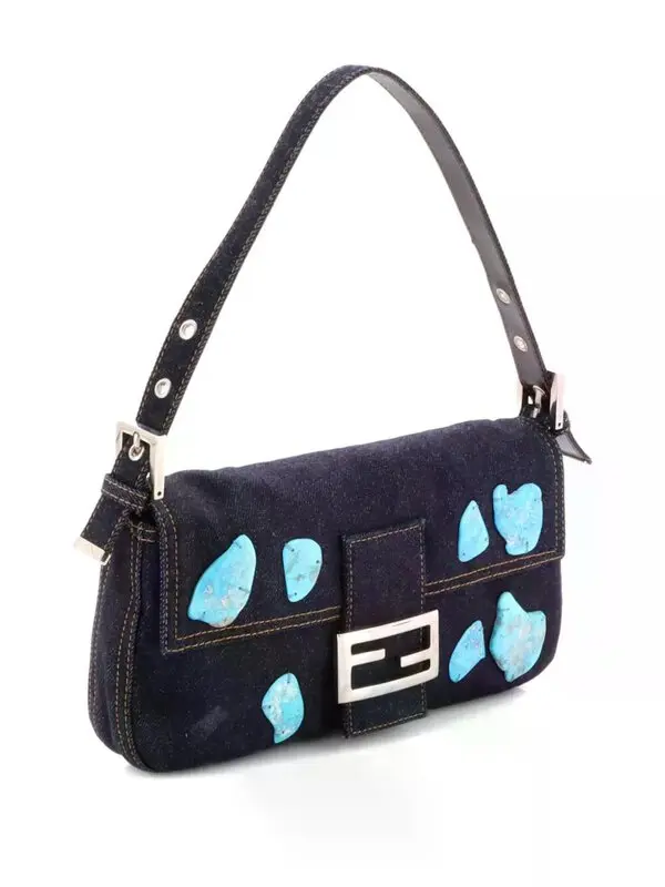 Fendi Denim Embellished Baguette Shoulder Bag