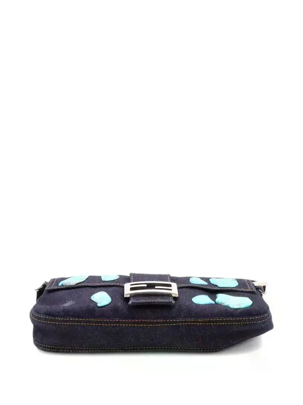 Fendi Denim Embellished Baguette Shoulder Bag
