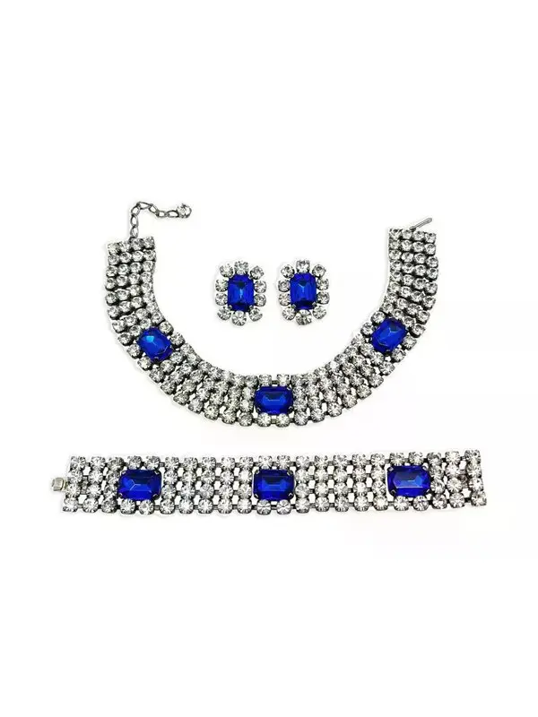 JENNIFER GIBSON JEWELLERY 1980s Crystal Choker, Cuff, And Earrings Set - Silver