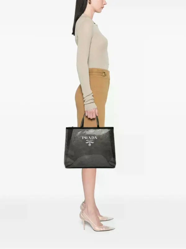 Prada Large Sequined Mesh Logo Tote Bag - Black