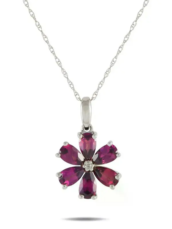 LB EXCLUSIVE 14k White Gold Flower Rhodolite And Diamond Necklace - Silver