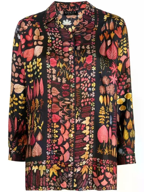 Gucci 1990s Silk Leaf Print Shirt - Blue