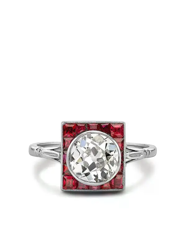 PRAGNELL Platinum Art Deco Diamond And Ruby Ring - Silver