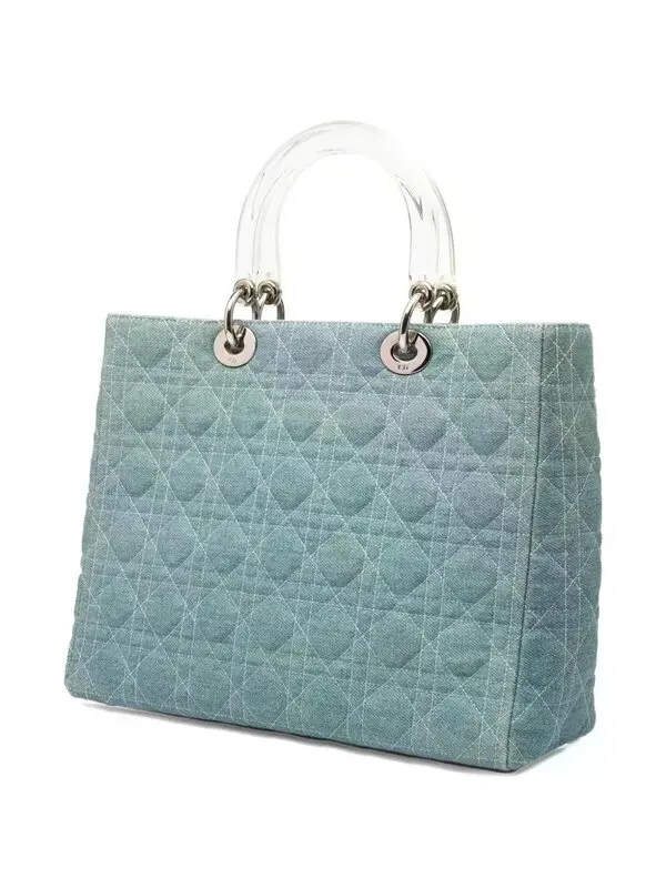 Dior 1999 Large Denim Cannage Lady Satchel With Acrylic Handles - Blue