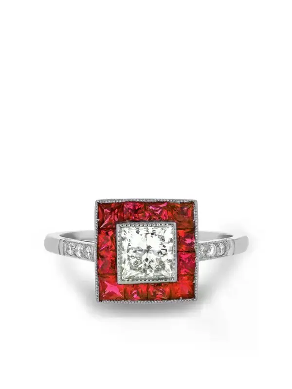 PRAGNELL Platinum Ring With Princess-cut Diamond And Rubies - Silver
