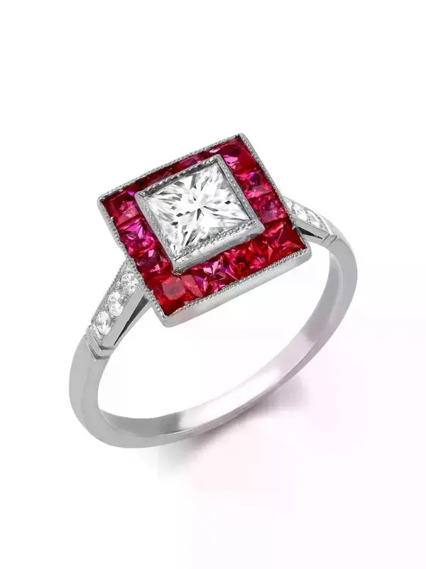 PRAGNELL Platinum Ring With Princess-cut Diamond And Rubies