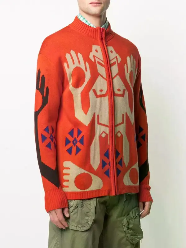 WALTER VAN BEIRENDONCK Wool Intarsia Knit Zip Cardigan