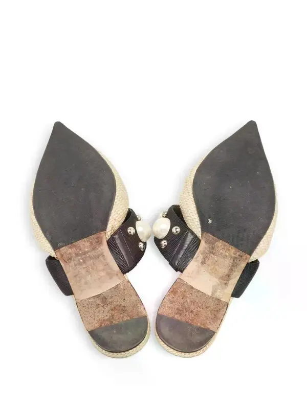 JIMMY CHOO Raffia Pointed Toe Flat Sole Mules With Pearl And Stud Embellishment