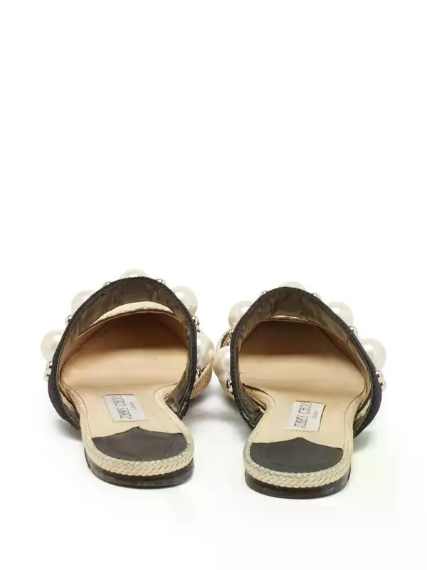 JIMMY CHOO Raffia Pointed Toe Flat Sole Mules With Pearl And Stud Embellishment