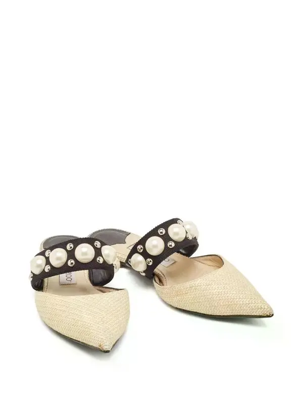 JIMMY CHOO Raffia Pointed Toe Flat Sole Mules With Pearl And Stud Embellishment