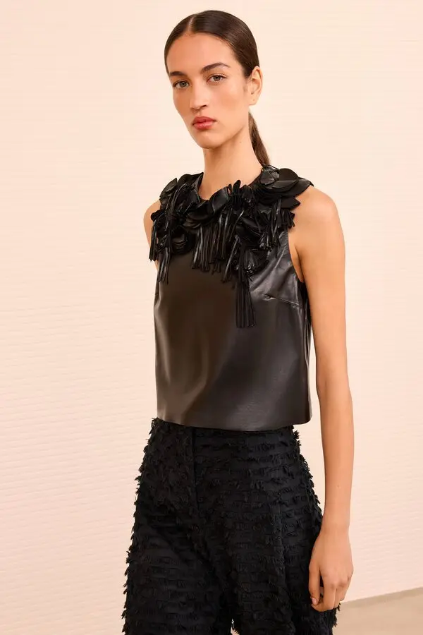 Ulla Johnson Marlowe Floral Applique Leather Top - Noir